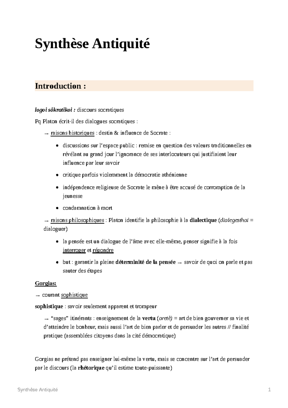 Platon - Gorgias (Résumé) - Synthèse Antiquité Introduction : logoi ...