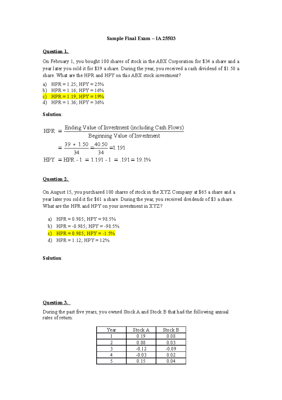 Sample Exam Questions Answers - Sample Final Exam – IA 25503 Question 1 ...