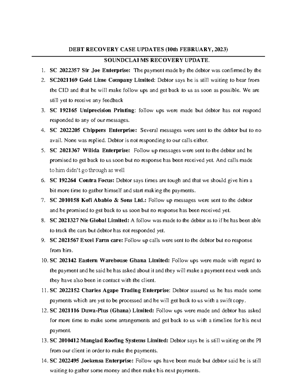 DEBT Recovery CASE Updates 10-02-2023 - DEBT RECOVERY CASE UPDATES ...