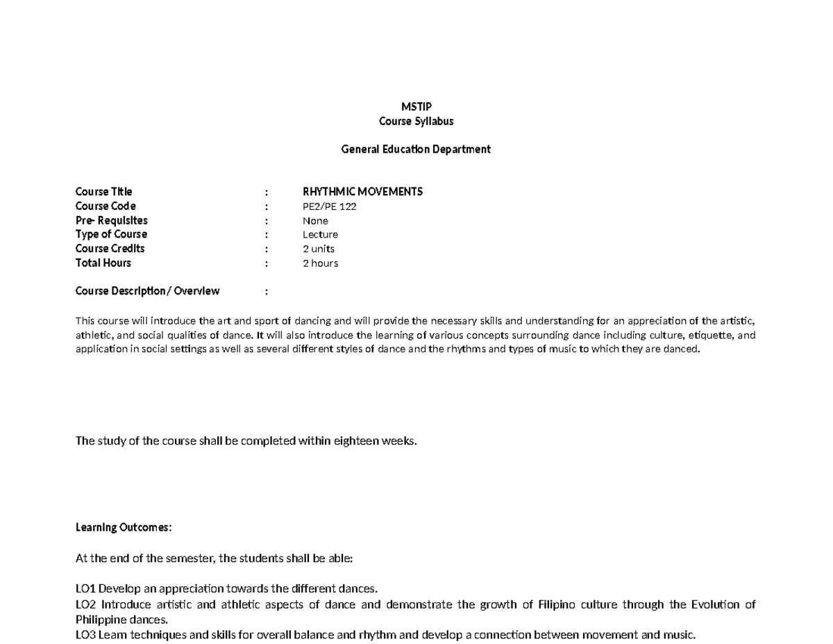 Mstip PE 2 Rhythmic Activities - MSTIP Course Syllabus General ...