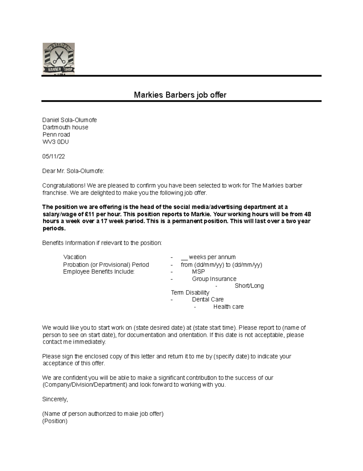 Job offer letter - assignment - Markies Barbers job offer Daniel Sola ...