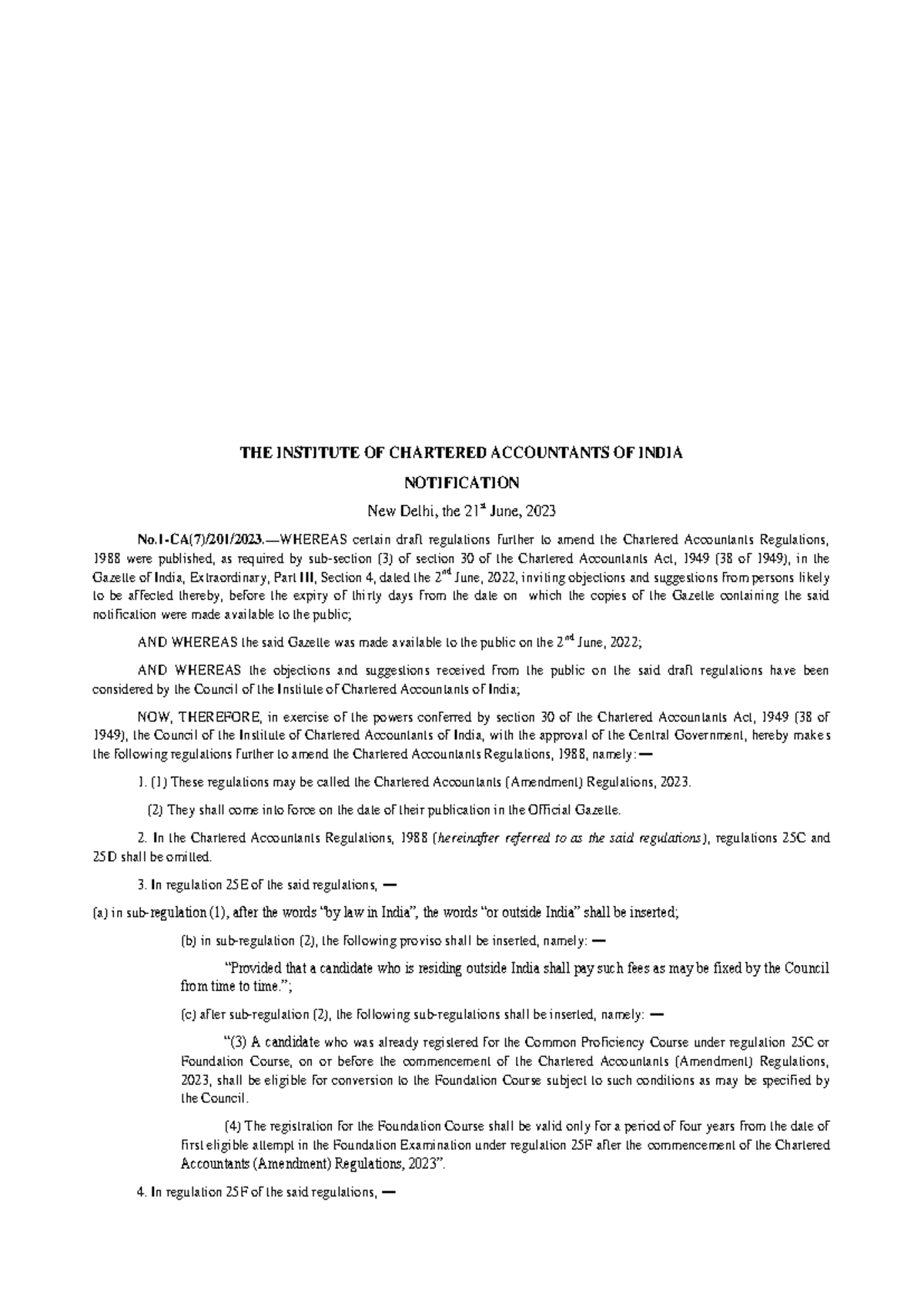 Icai notification dated 21 06 2023 the ca amendment regulations 2023 ...