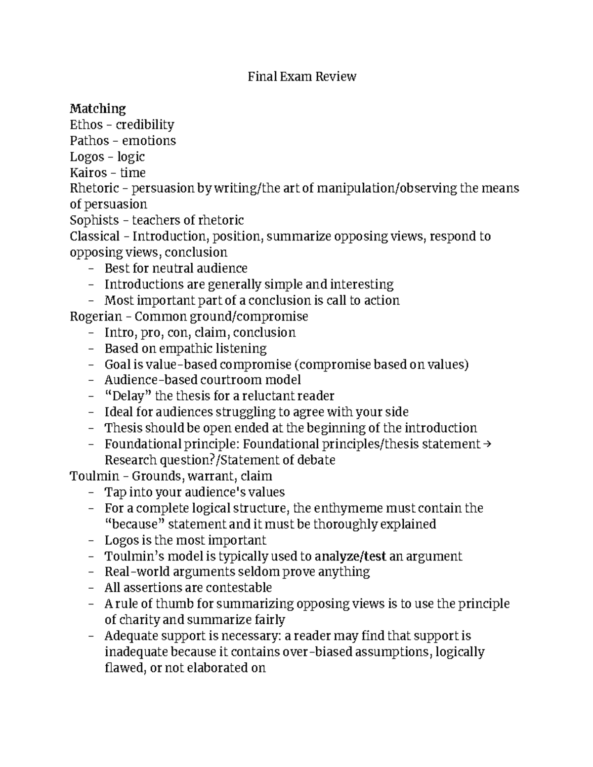 College COMP 2 EXAM Review - Final Exam Review Matching Ethos ...