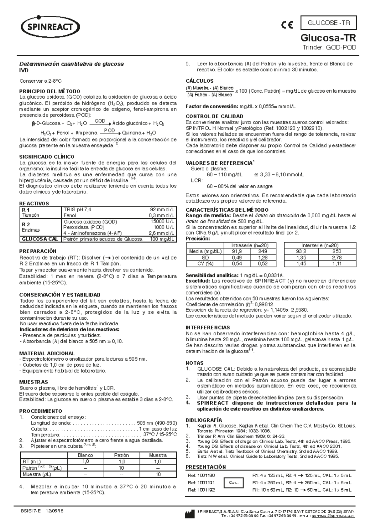Inserto Spinreact Glucosa 1001190 1001191 1001192 - R1: 4 x 125 mL, R2 ...