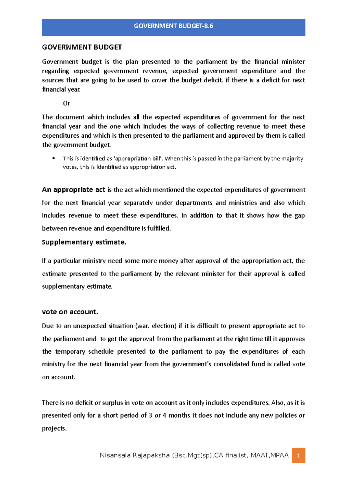 Budget - note - GOVERNMENT BUDGET Government budget is the plan ...