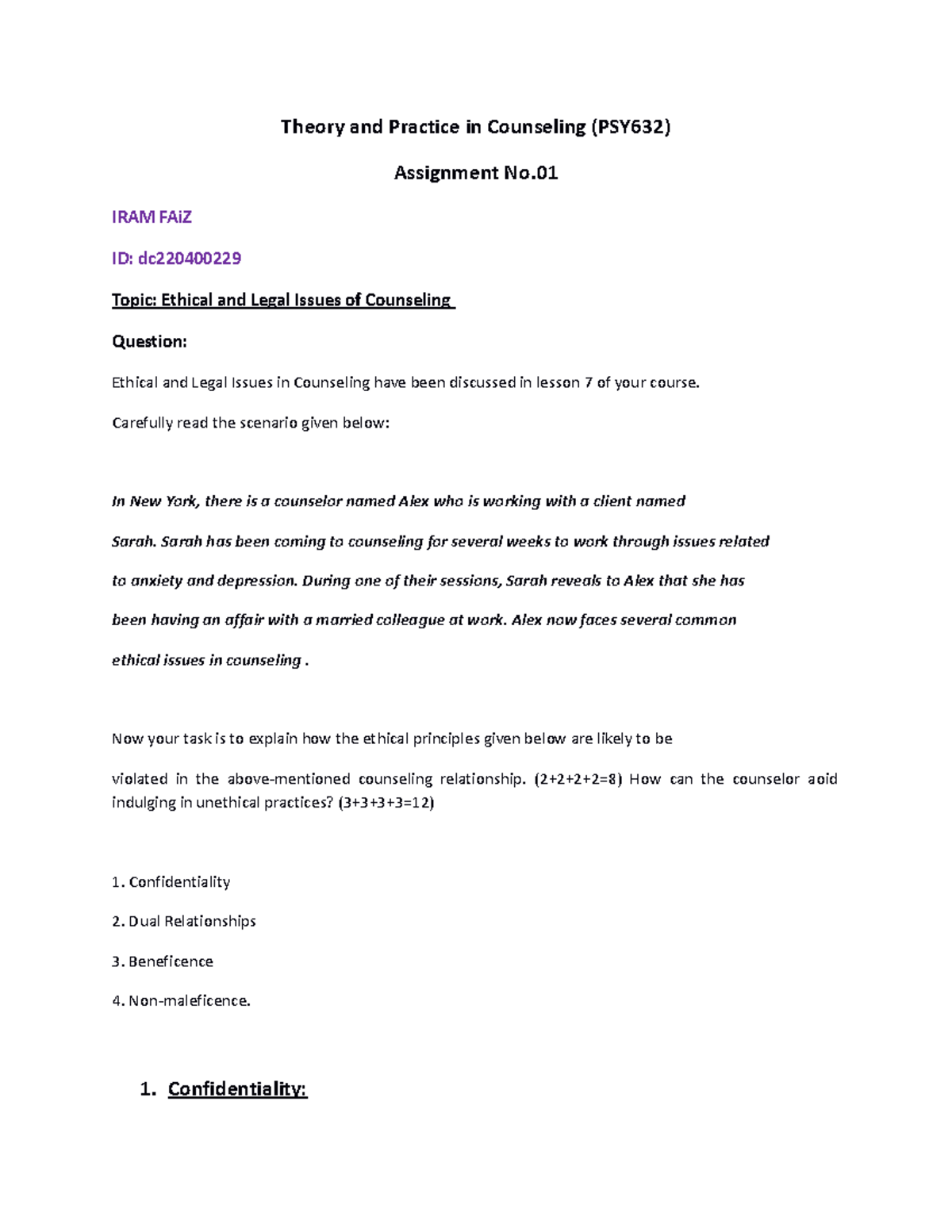 Psy632-assignment-1 - Theory and Practice in Counseling (PSY632) Assignment No. IRAM FAiZ ID: dc ...