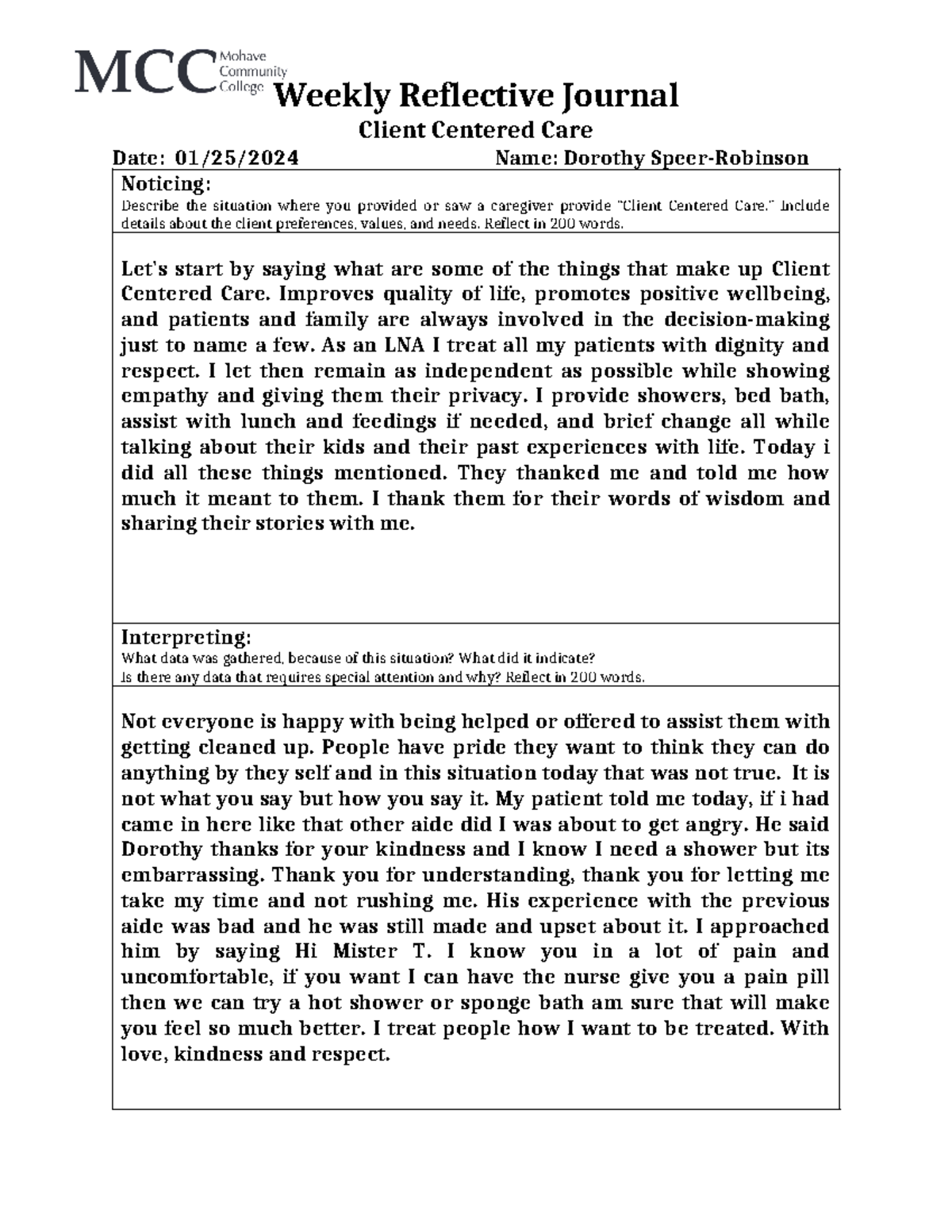 Journal I Client Centered Care - Weekly Reflective Journal Client ...