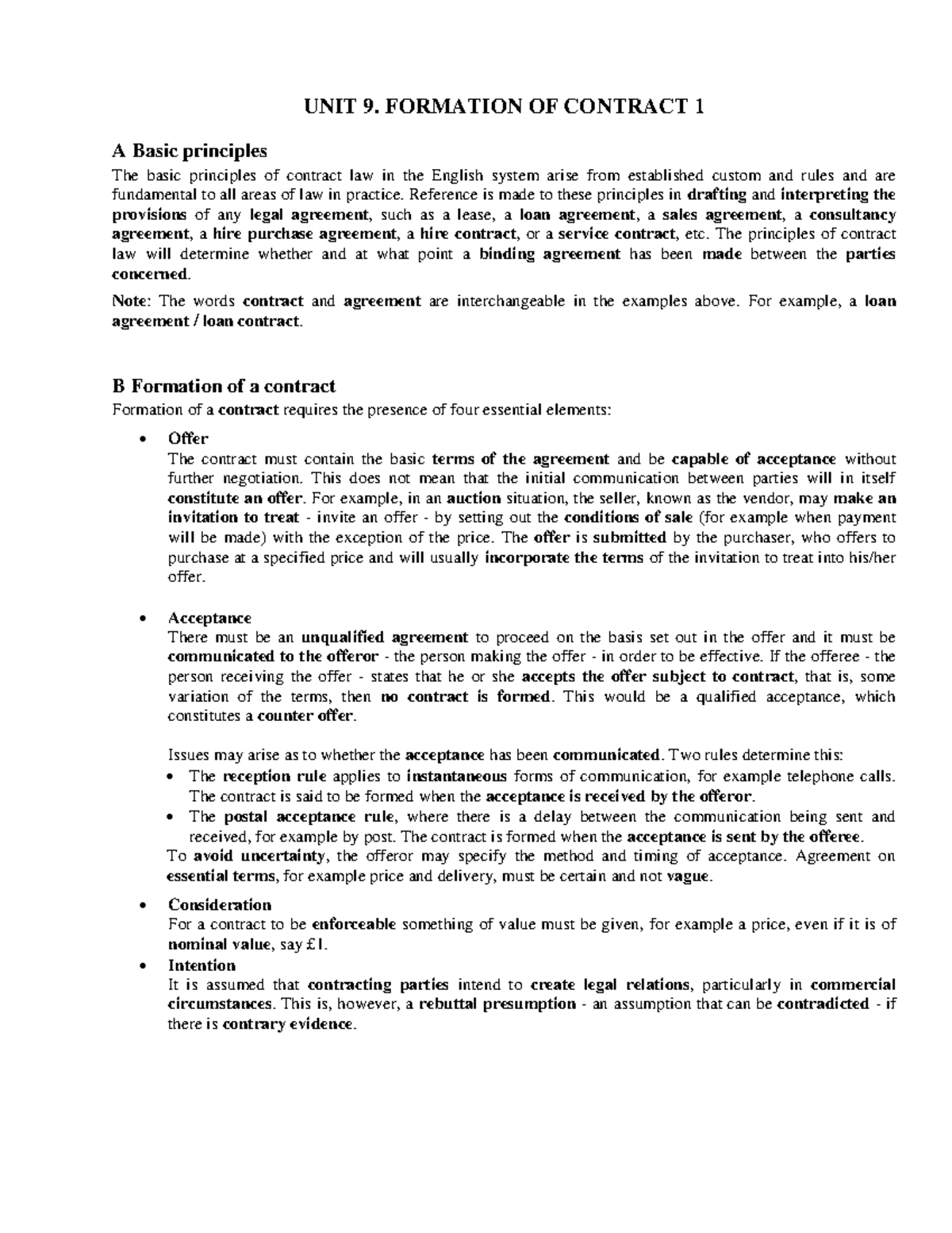 Contract-law - no captions - UNIT 9. FORMATION OF CONTRACT 1 A Basic ...