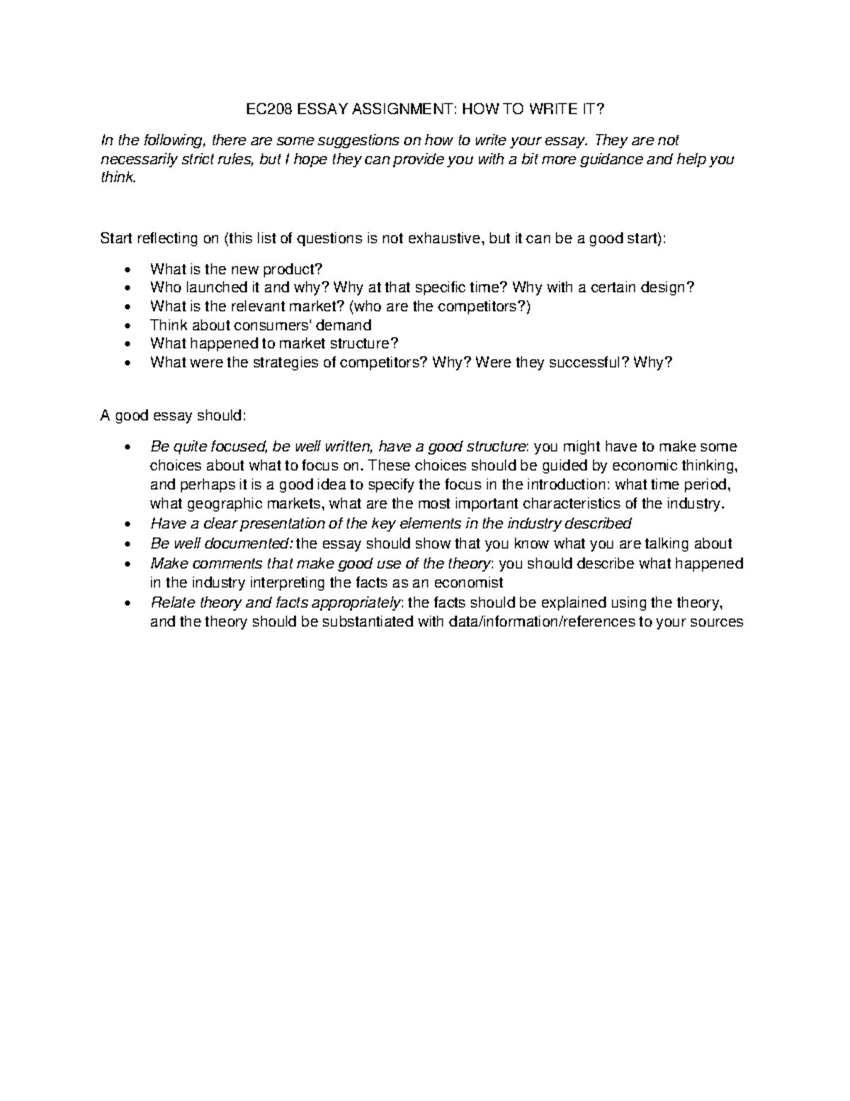 Essay Guidelines - EC208 ESSAY ASSIGNMENT: HOW TO WRITE IT? In the ...