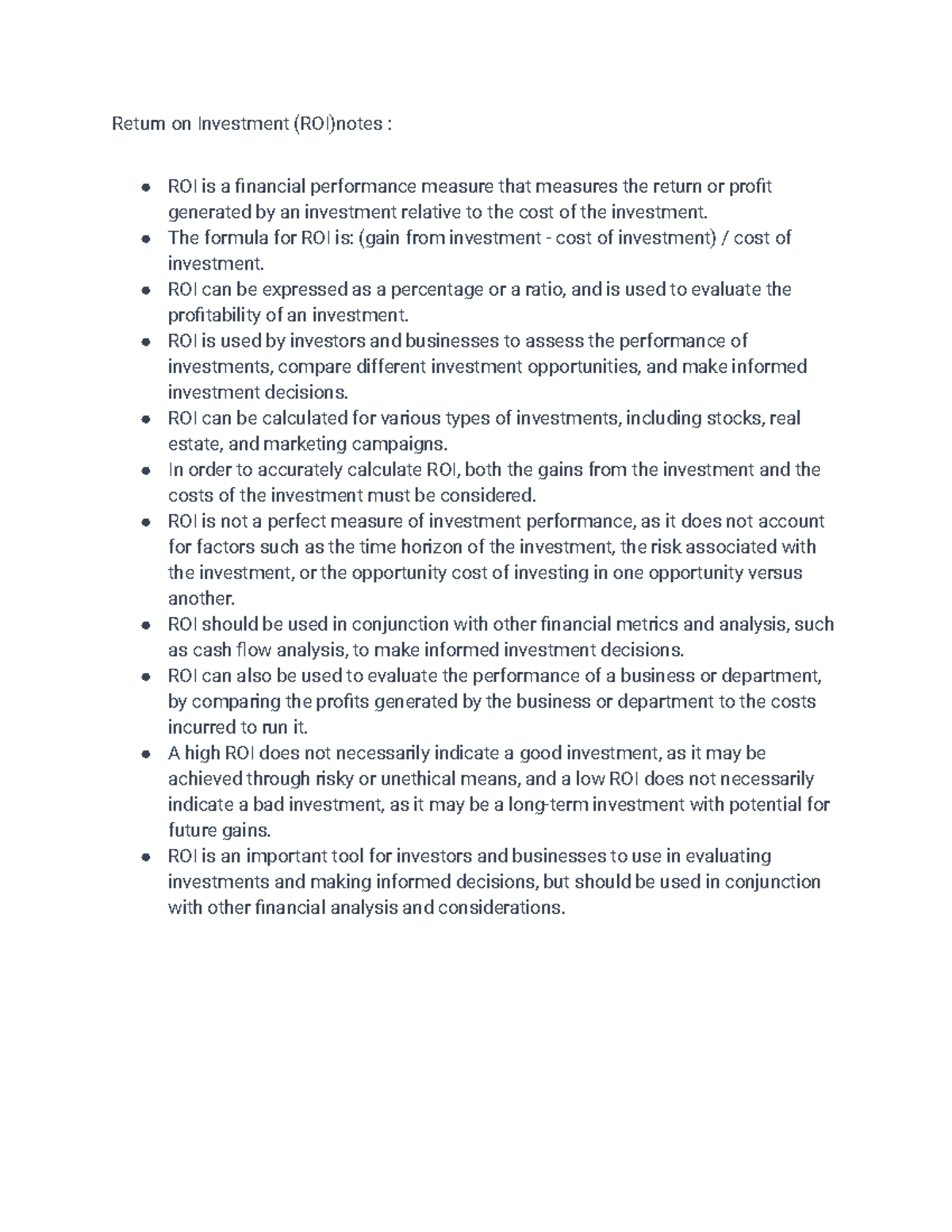 Return on investment notes - Return on Investment (ROI)notes : ROI is a ...