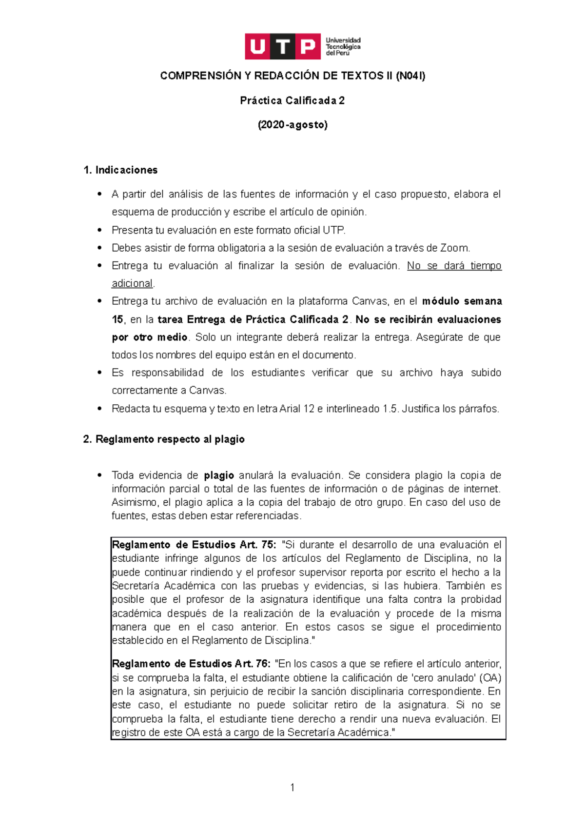 S15. s2 - Práctica Calificada 2 Formato UTP.docx LUPO Sánchez Gloria Rebeca - COMPRENSIÓN Y ...