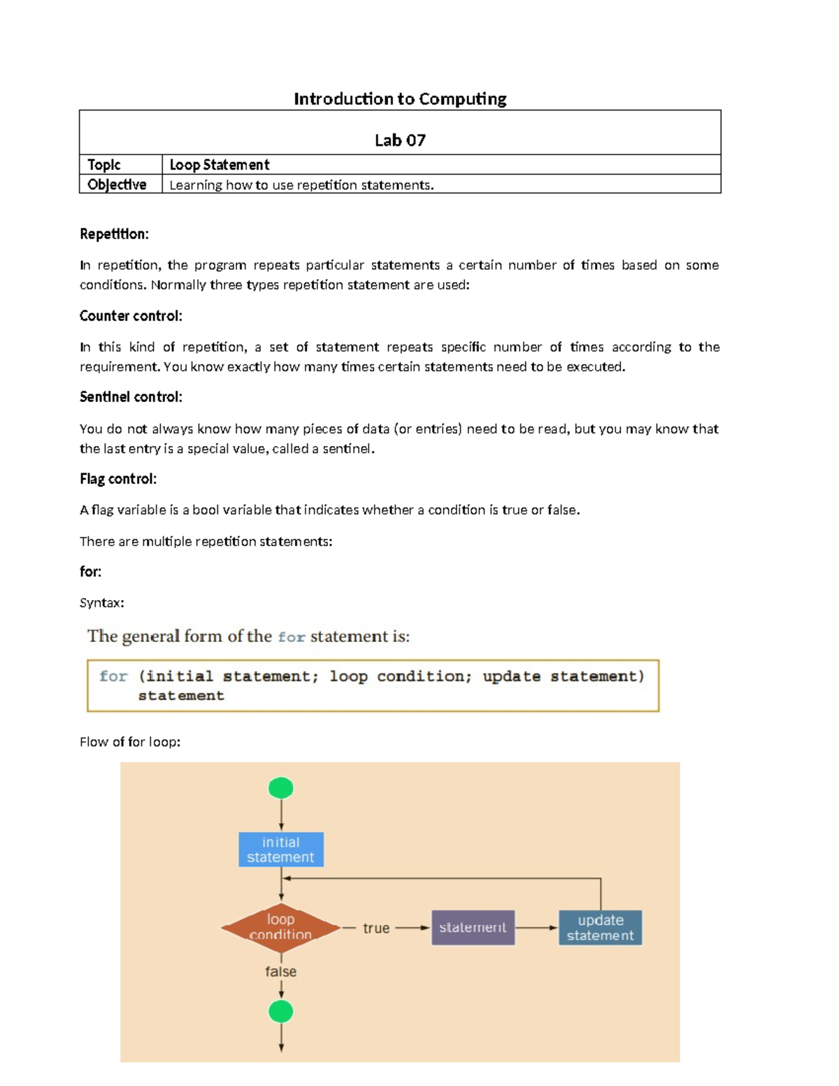 Lab 7 Loops Updated Introduction To Computing Lab 07 Topic Loop Statement Objective Learning