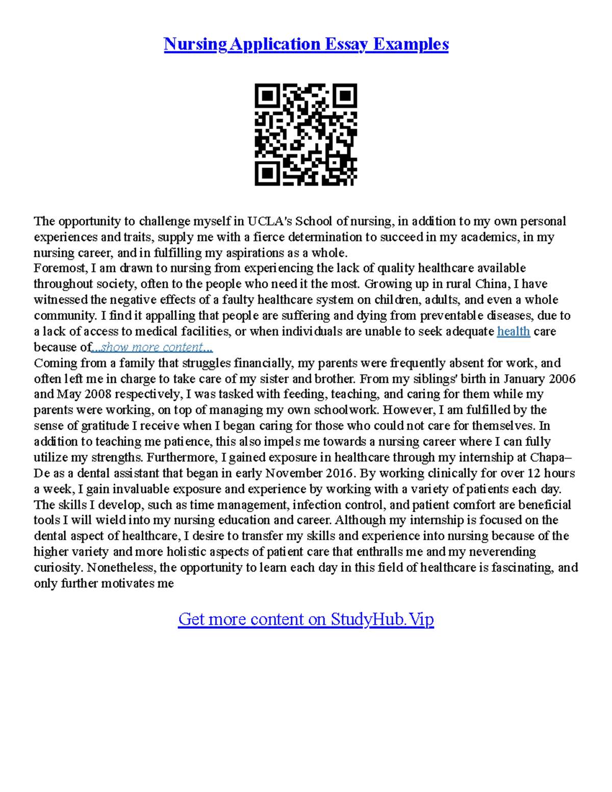 Nursing Essay Nursing Essay - Nursing Application Essay Examples The ...