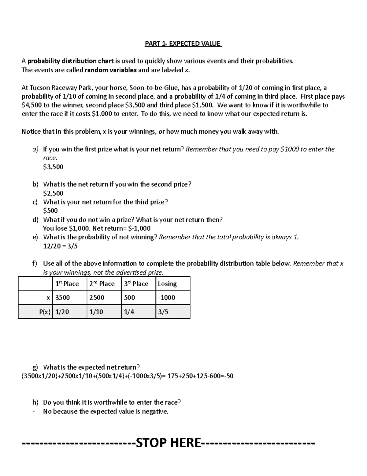 Inclass Worksheet Week 9 Break out Room 5 - PART 1- EXPECTED VALUE A ...