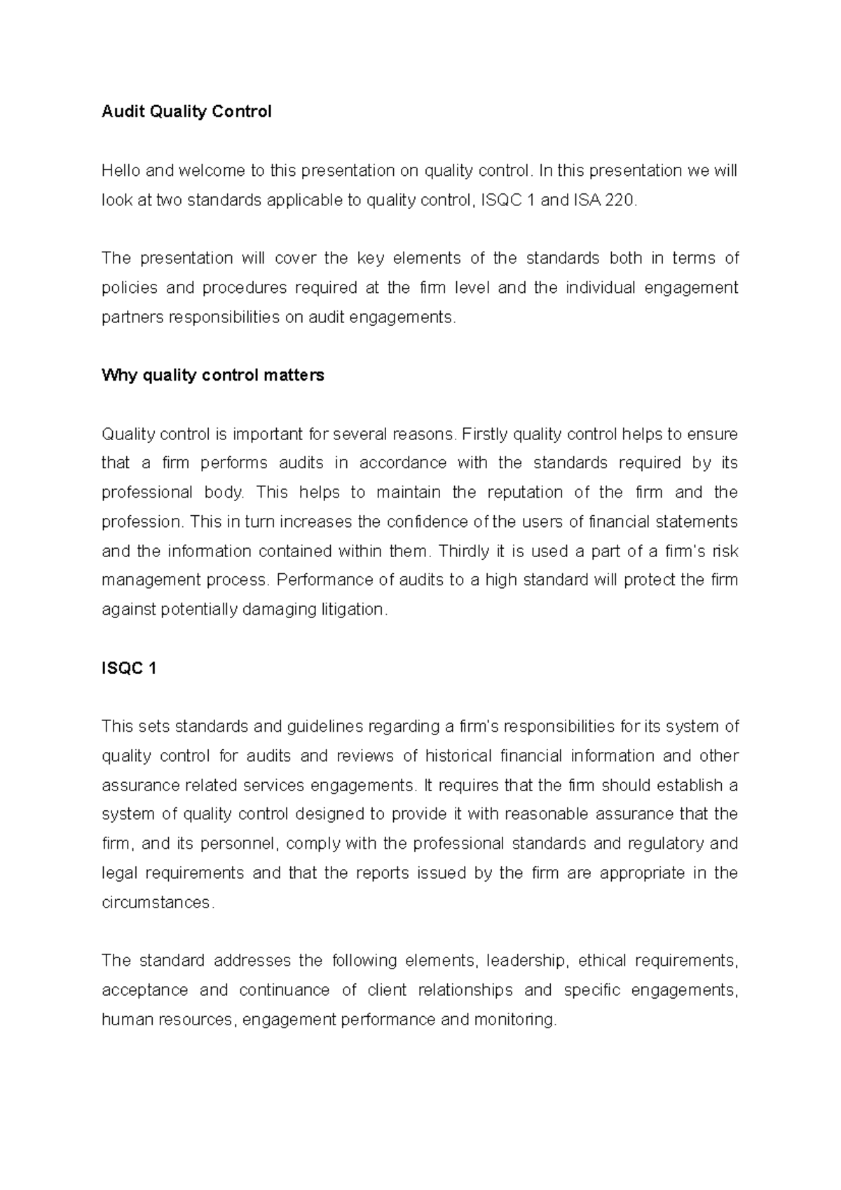 Audit Quality Control - Audit Quality Control Hello and welcome to this ...