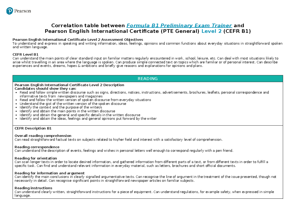 Formula B1 Preliminary Exam Trainer and PEIC - Correlation table ...