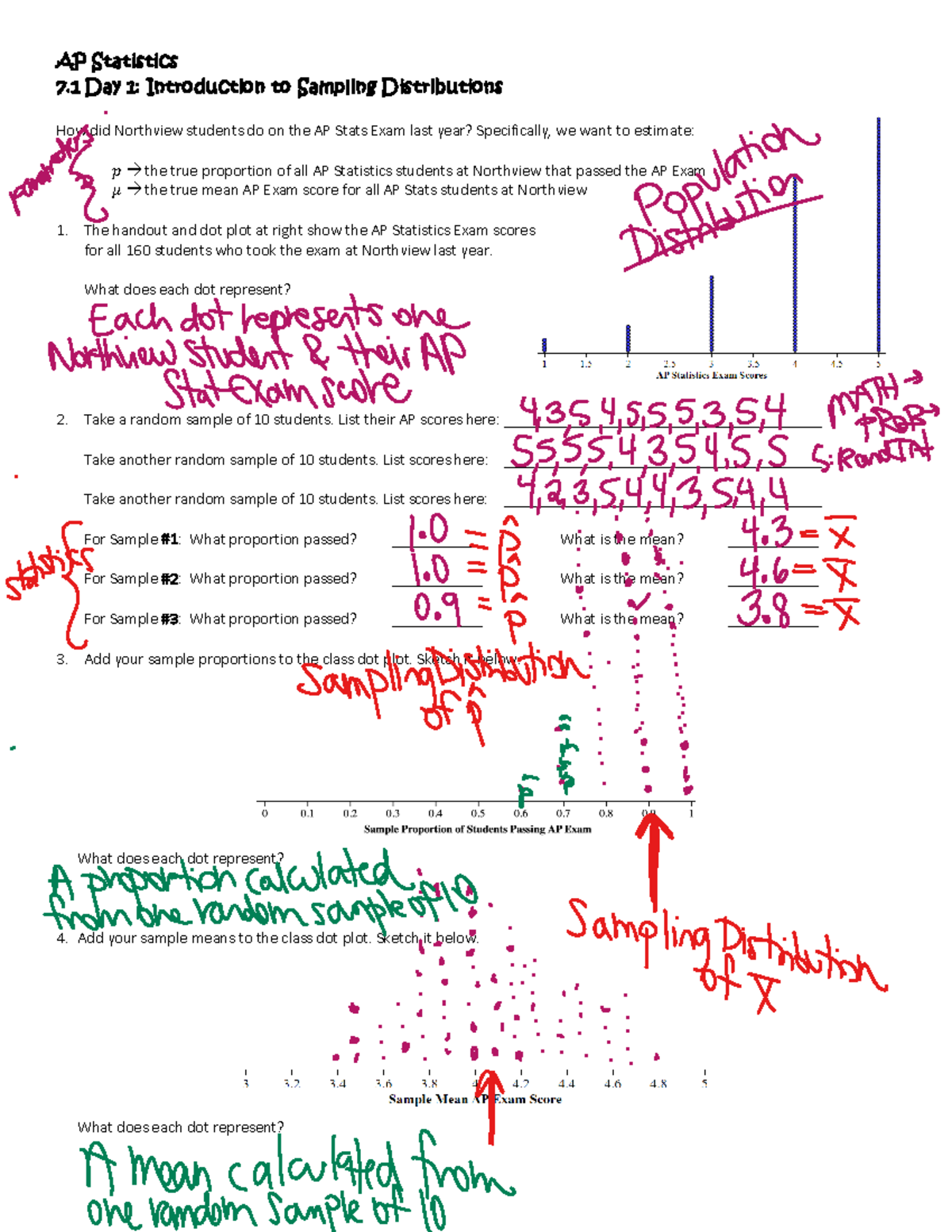 Day 1 Introduction to Sampling Distributions Key - What does each dot ...