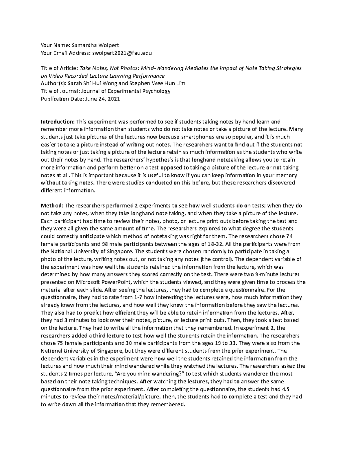 Journal Summary 2 Template Summary 2021 - Your Name: Samantha Wolpert ...