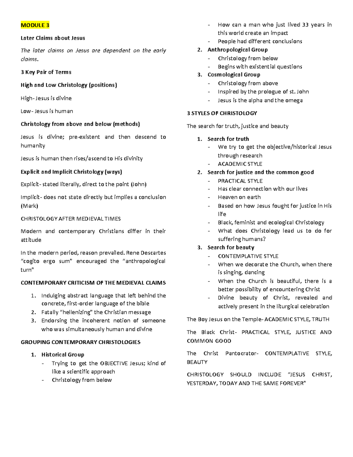 THEO 2 Prelims Notes - MODULE 3 Later Claims about Jesus The later ...