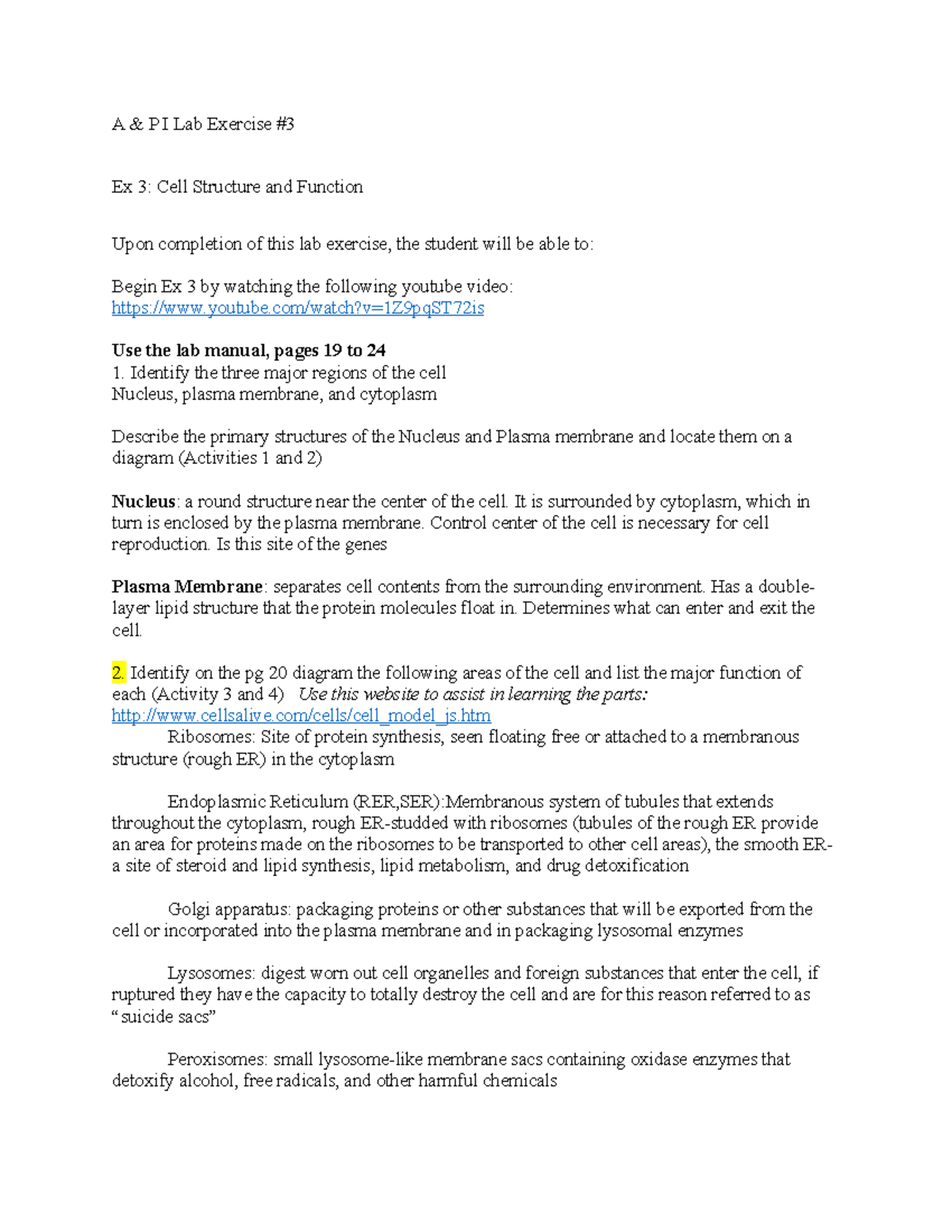 Cells Lab Online Lab Doc ex 3 - A & P I Lab Exercise # Ex 3: Cell Structure and Function Upon ...