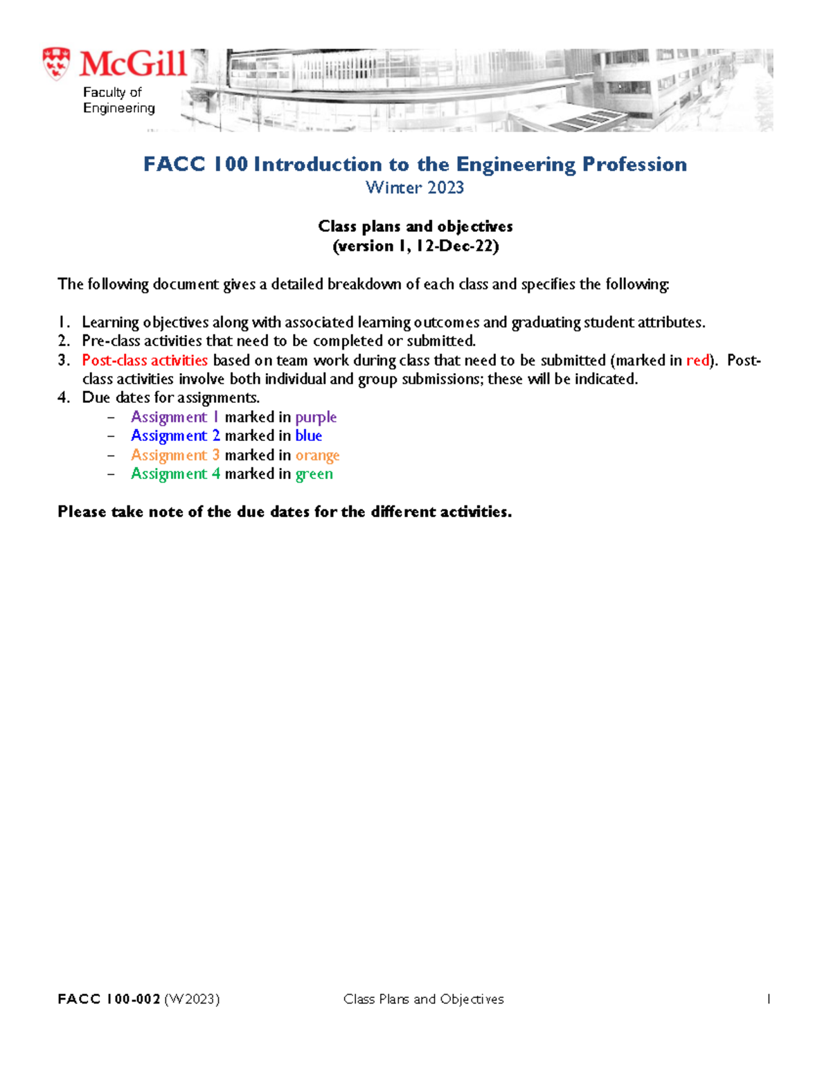 FACC 100 Section 2 Mon Class Plans and Objectives - Engineering FACC ...
