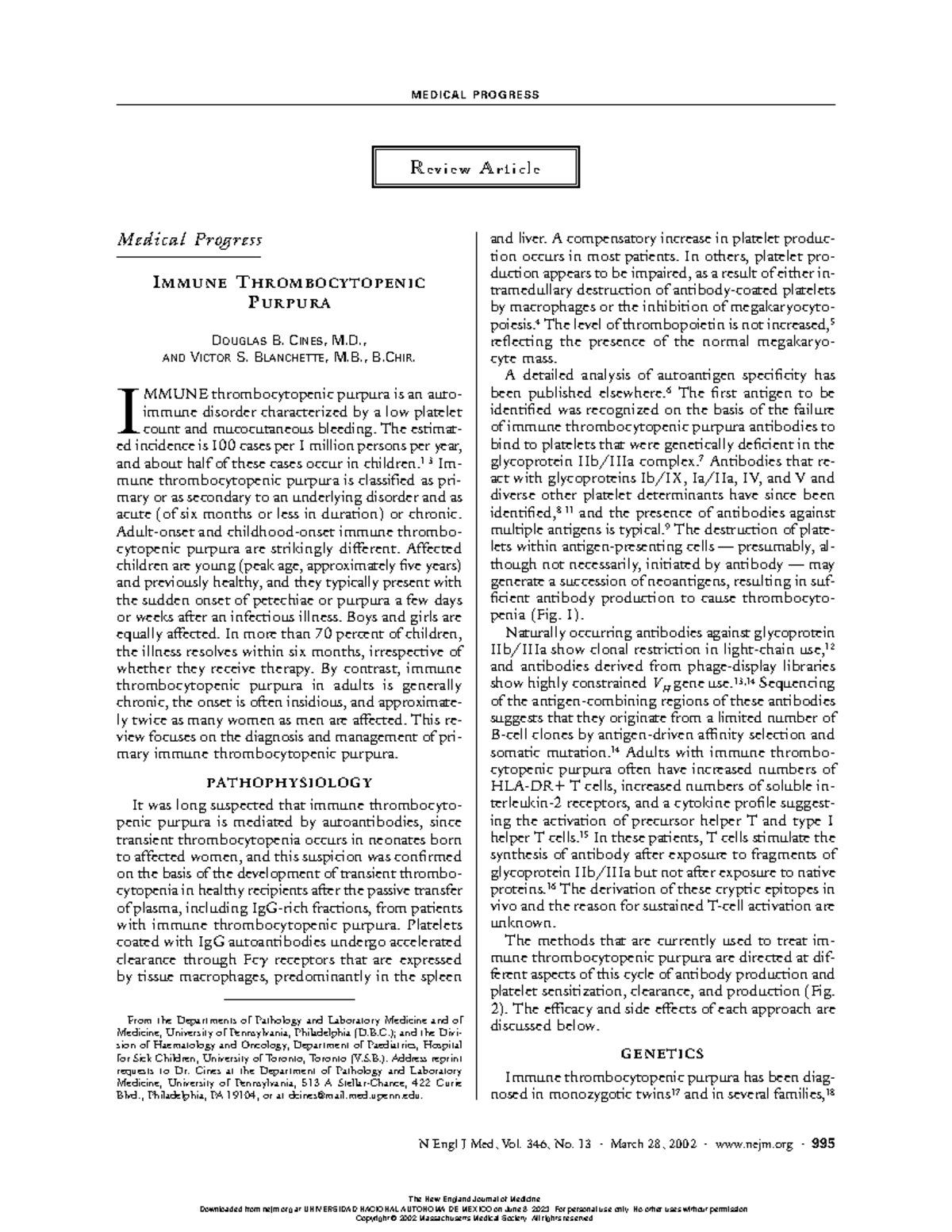 Immune Thrombocytopenic Purpura - MEDICAL PROGRESS N Engl J Med, Vol ...