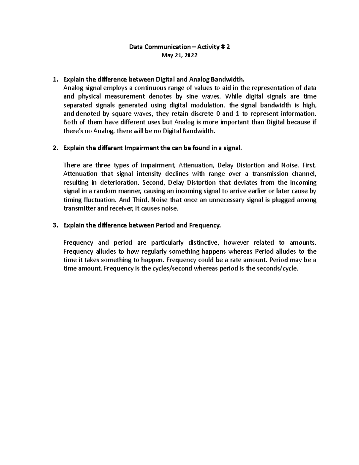 Data Communication - Activity # 2 - Data Communication – Activity # 2 ...