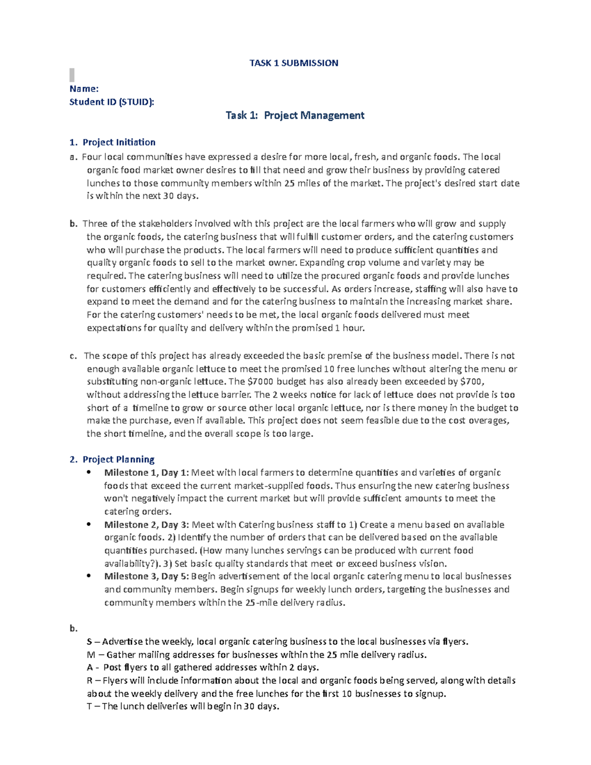 Project Management: Local Organic Food Catering - Studocu