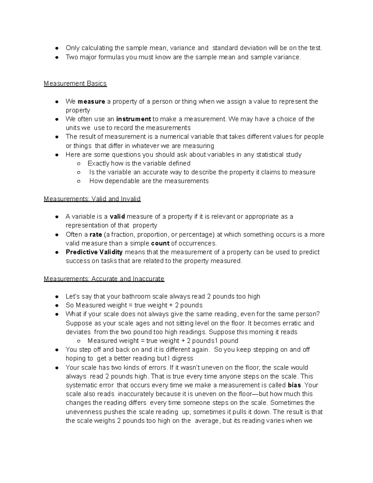 Stats notes chapter 8 - Only calculating the sample mean, variance and ...