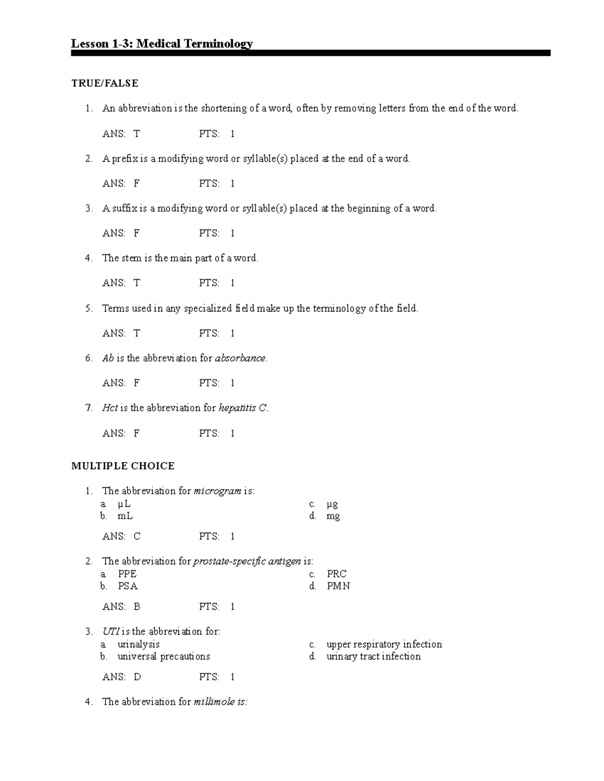 L1-3 - Questions Answers - Lesson 1-3: Medical Terminology TRUE/FALSE ...