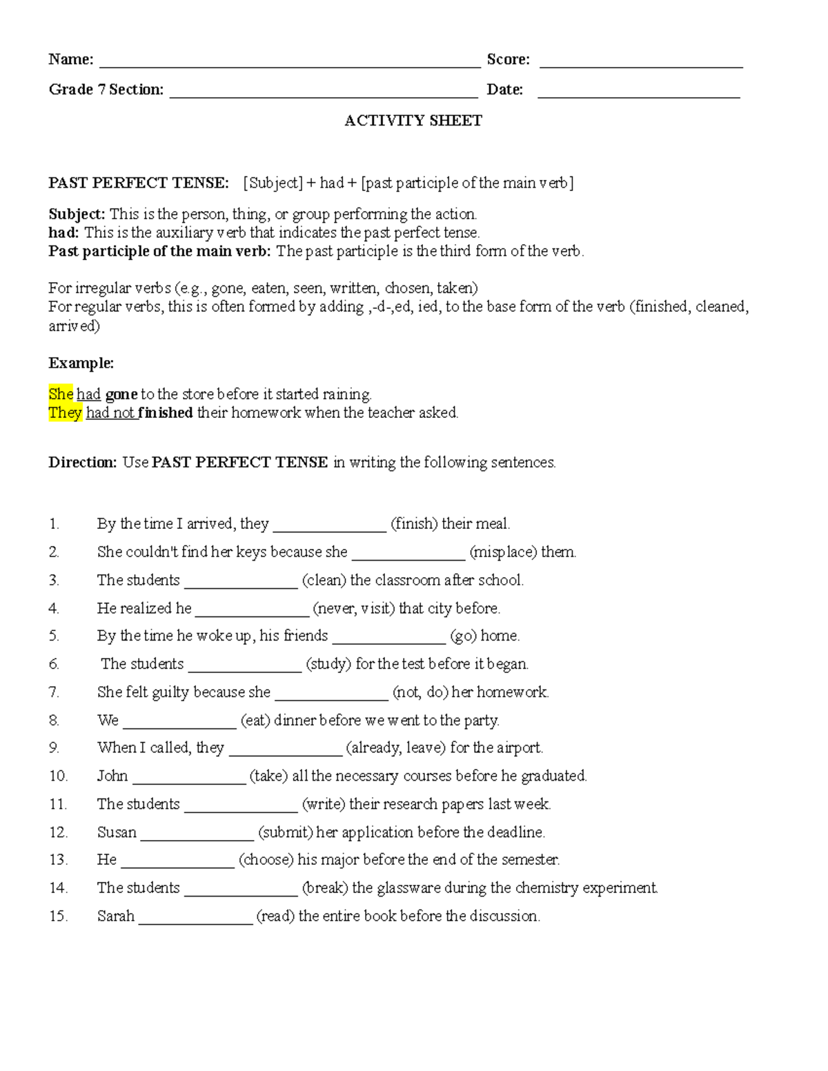 Activity Sheet PAST Perfect Tense - Name