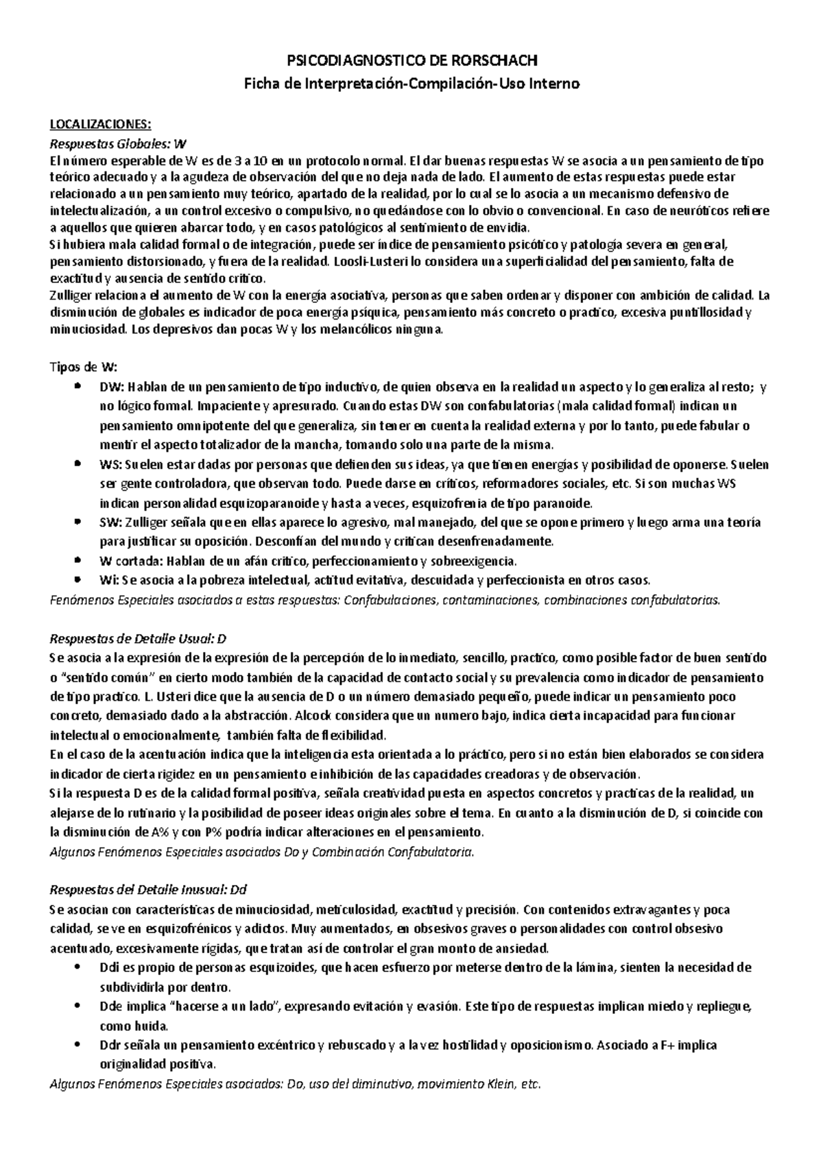 Resumen Roschard- Pasalaqua - PSICODIAGNOSTICO DE RORSCHACH Ficha de ...