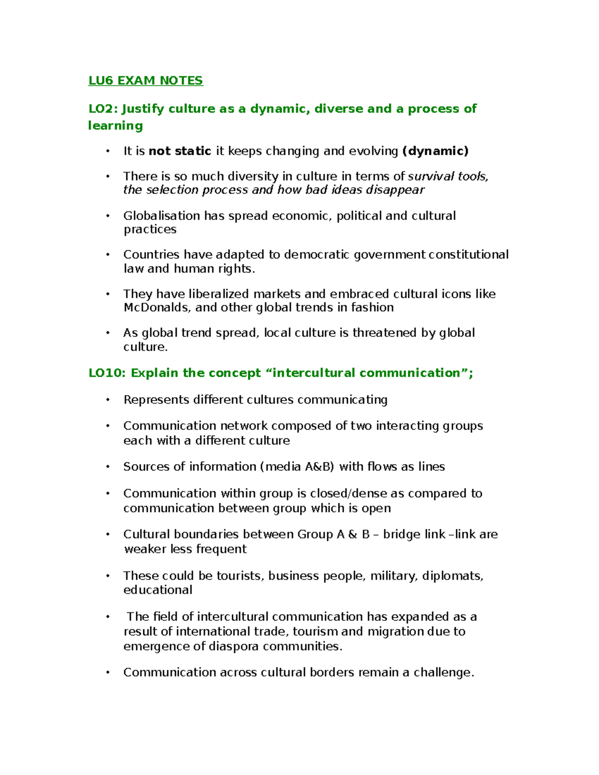 Learning Unit 6 Exam Notes LU6 EXAM NOTES LO2 Justify Culture As A