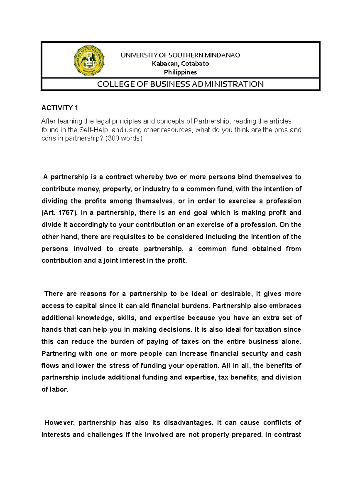 Business LAW IN-A- Nutshell Activity 1 - UNIVERSITY OF SOUTHERN ...