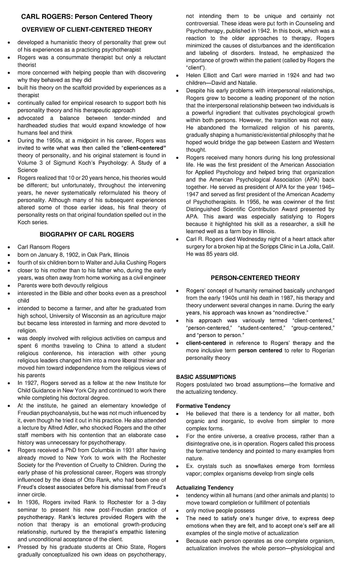 Theories of Personality Chapter 12: Carl Rogers and Person Centered ...