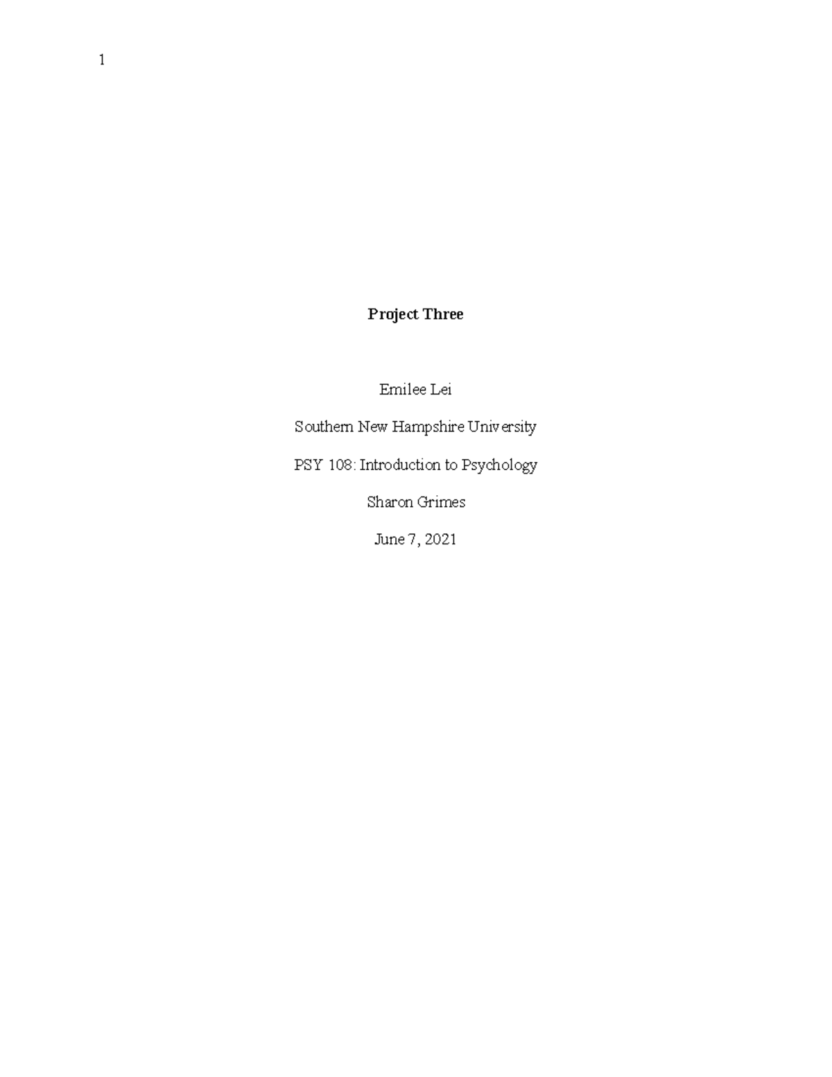PSY108 Project Three - Project Three Emilee Lei Southern New Hampshire ...