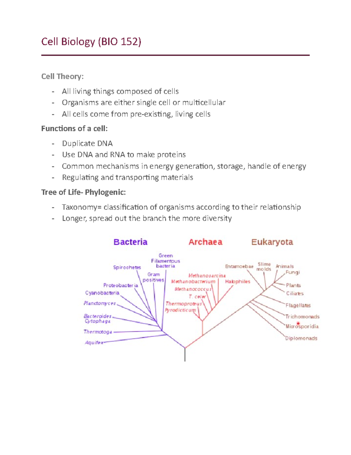 Cell Biology 1 - notes - Cell Biology (BIO 152) Cell Theory: All living ...