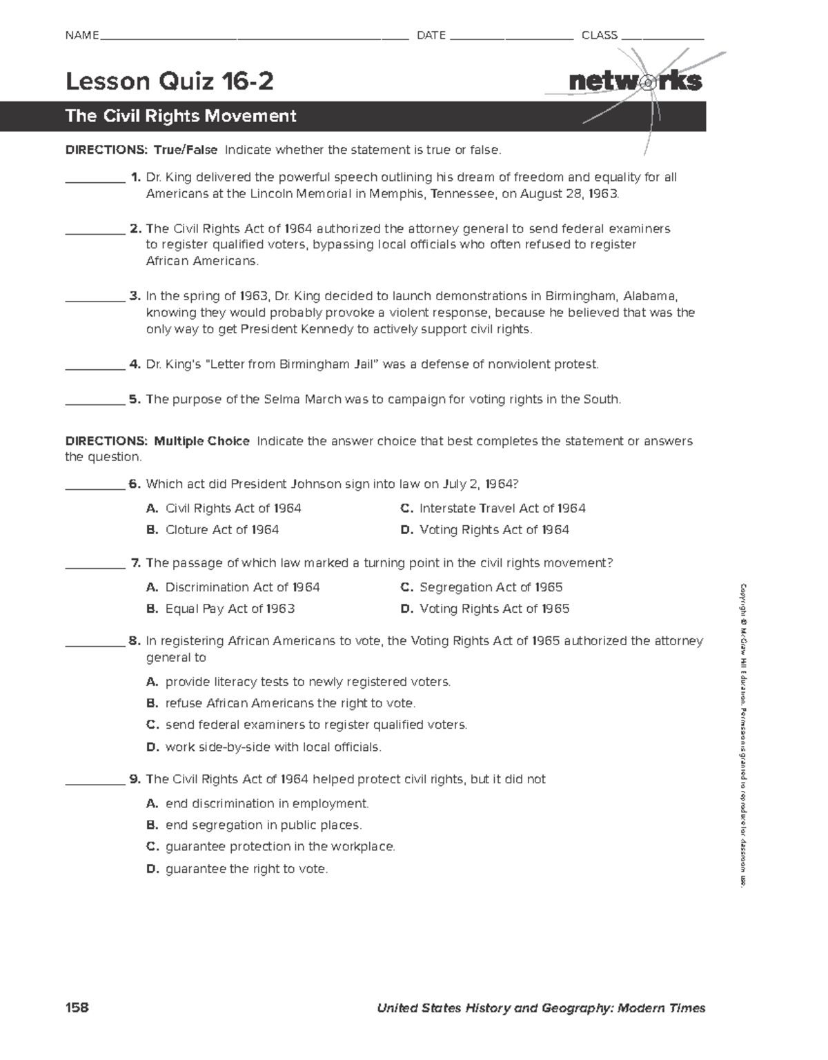 16.2 quiz - worksheet - Copyright © McGraw-Hill Education. Permission ...