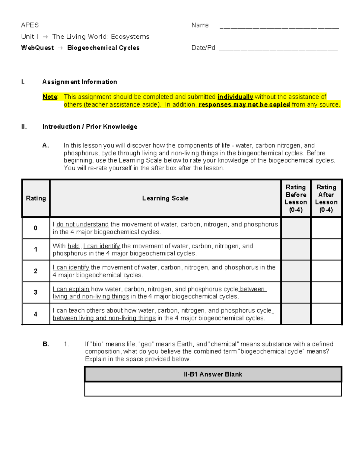 APES Unit I Web Quest - Biogeochemical Cycles - APES Name