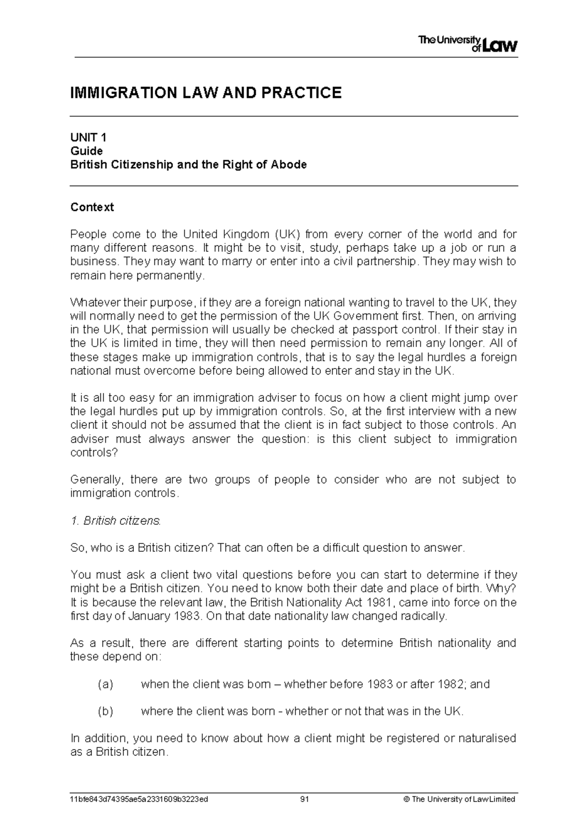 Immigration workshop 1 - IMMIGRATION LAW AND PRACTICE UNIT 1 Guide ...