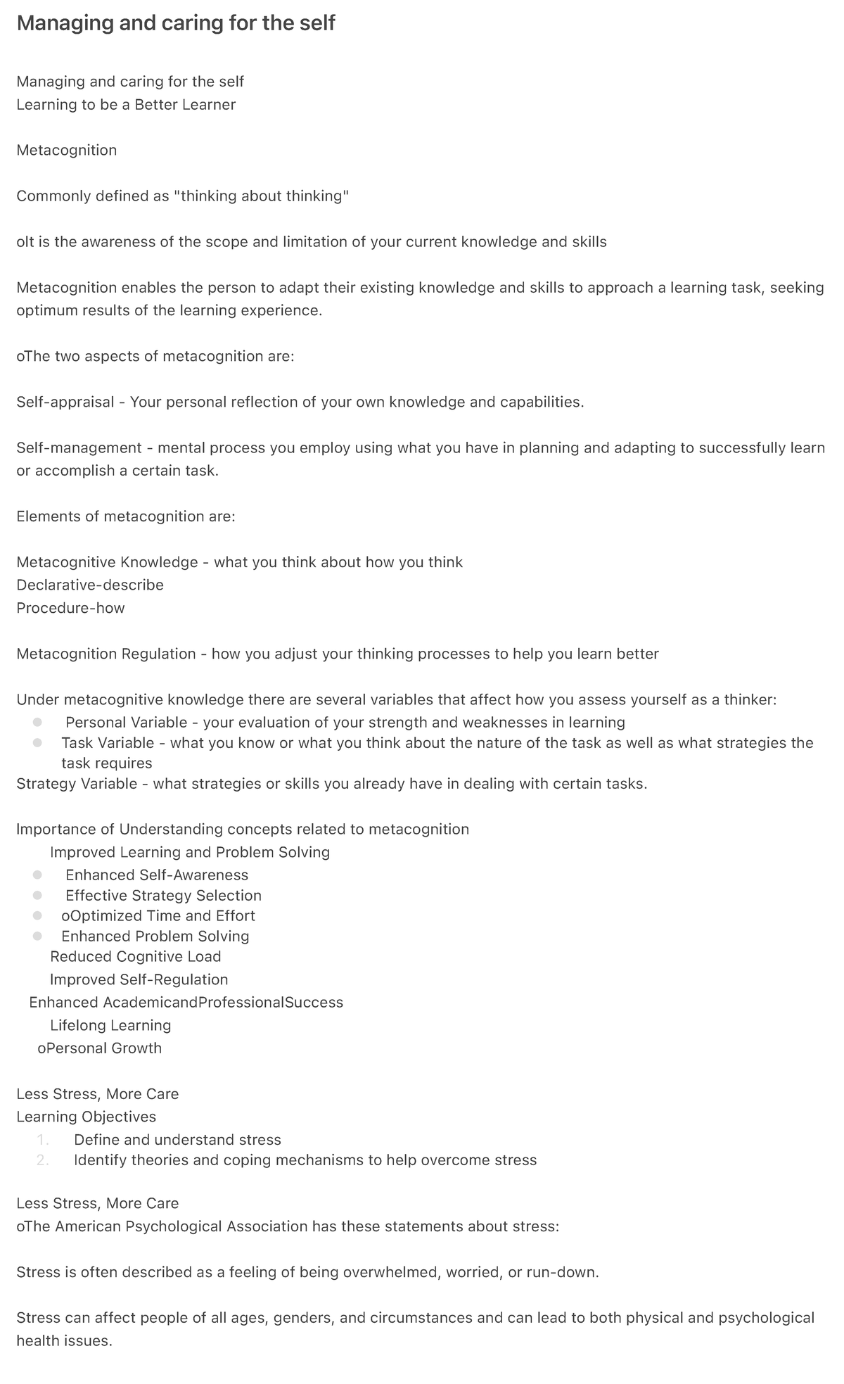 Managing and caring for the self - 1. 2. Managing and caring for the ...