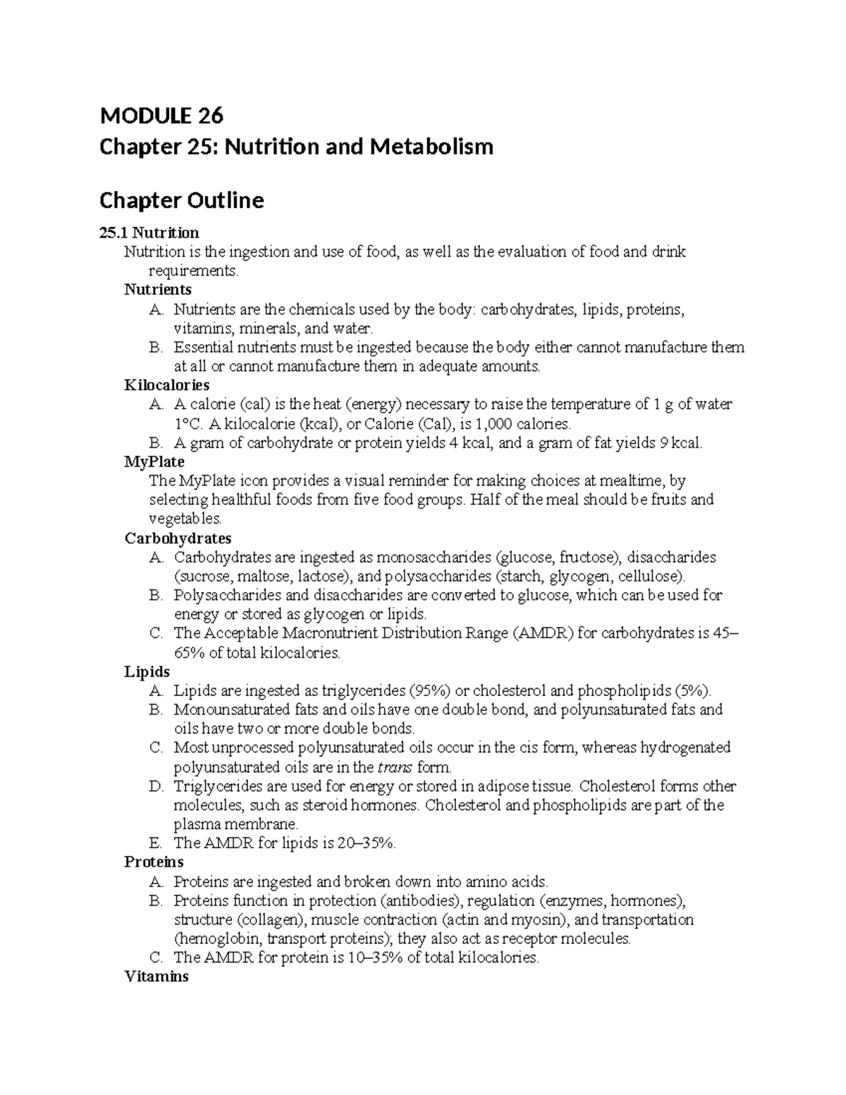 Chapter 25 Outline - MODULE 26 Chapter 25: Nutrition and Metabolism ...