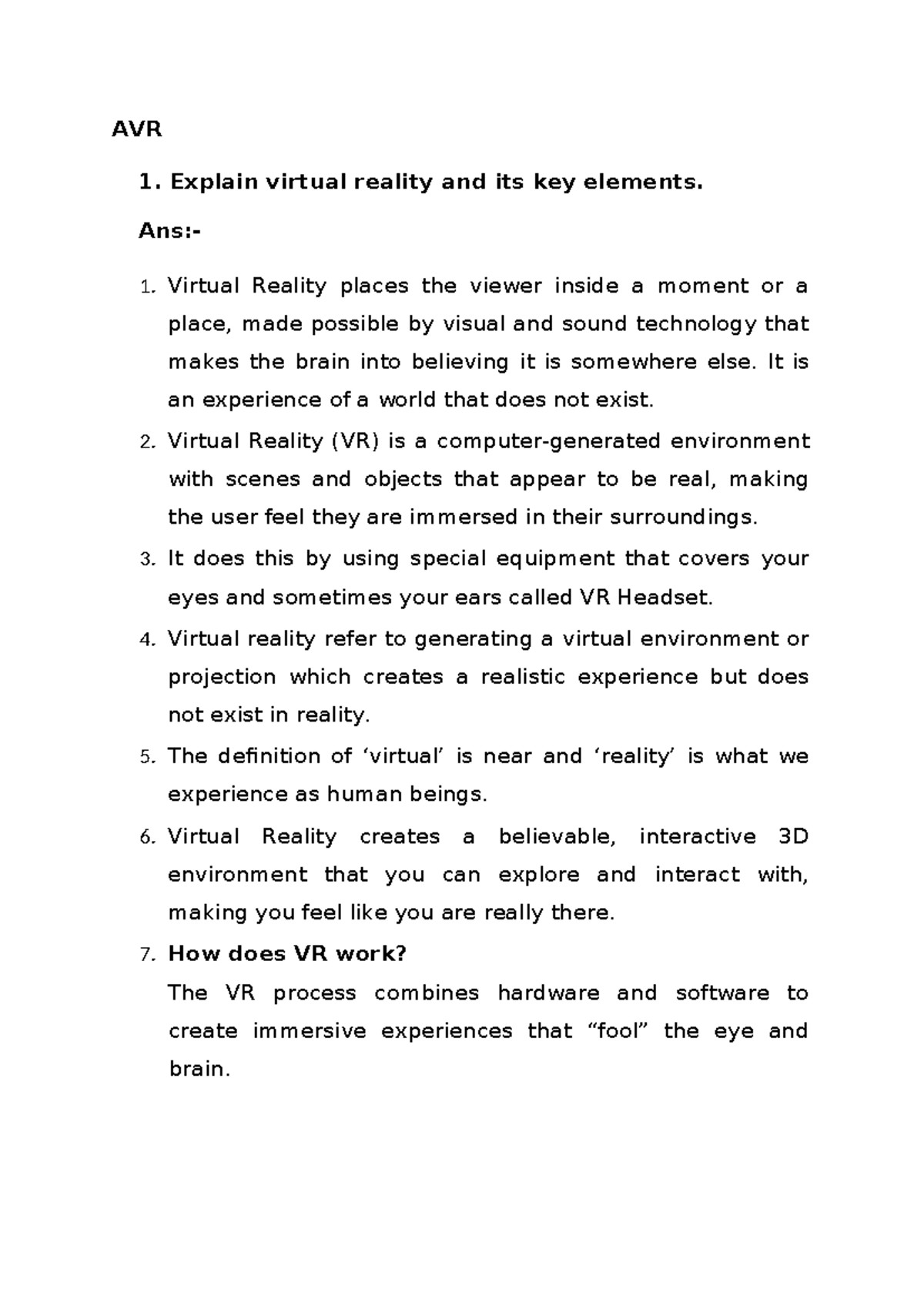 AVR module 1 notes - AVR 1. Explain virtual reality and its key ...