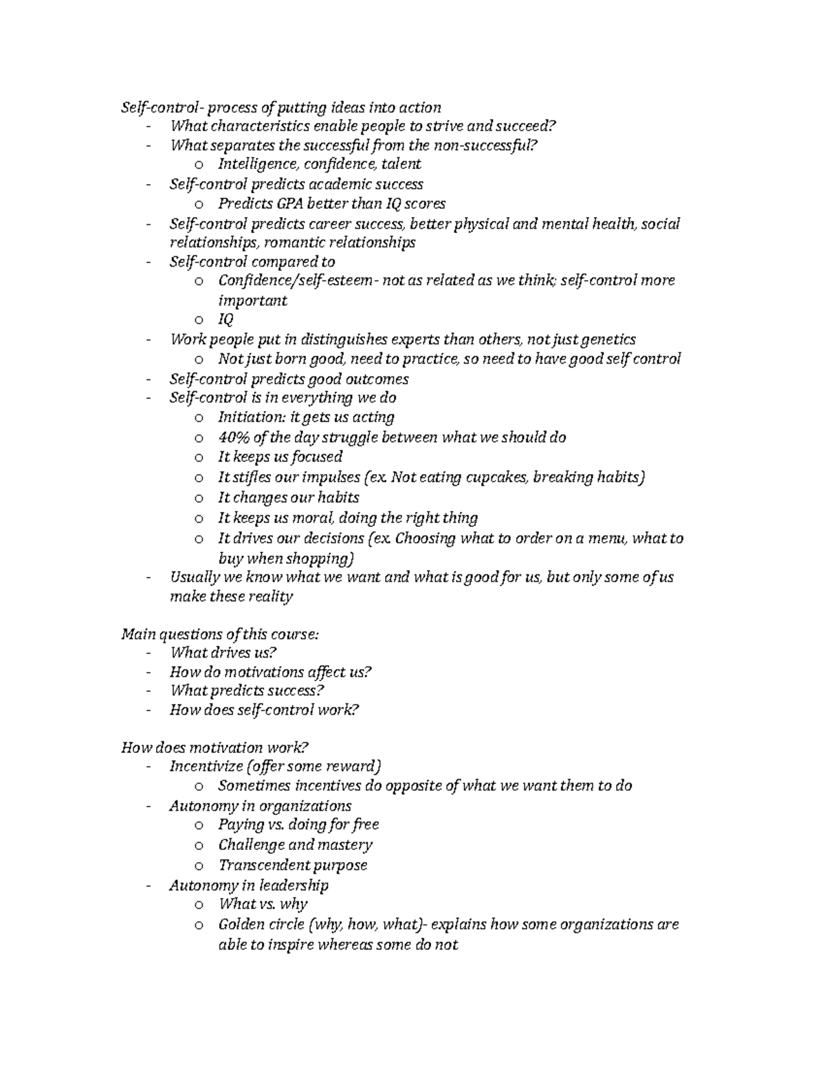 Motivation and self control notes - Self-control- process of putting ...