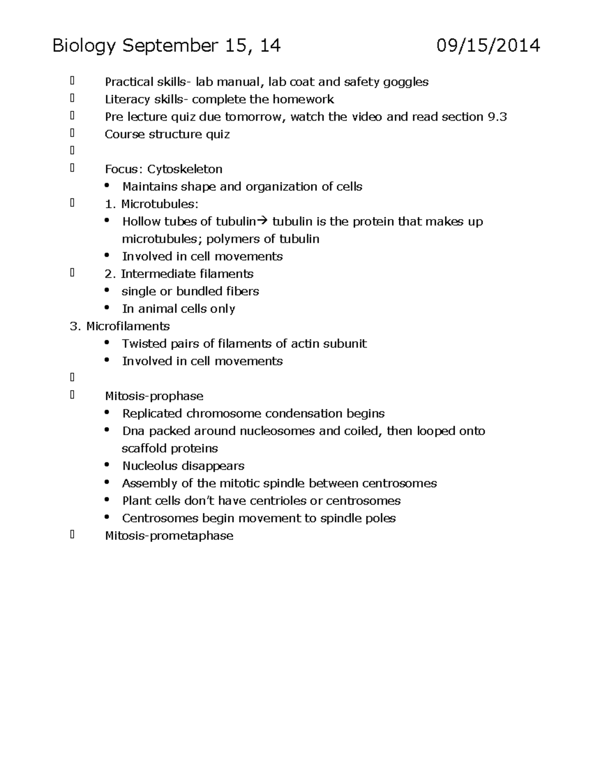 Biology - September - 15 - Biology September 15, 14 Practical lab ...