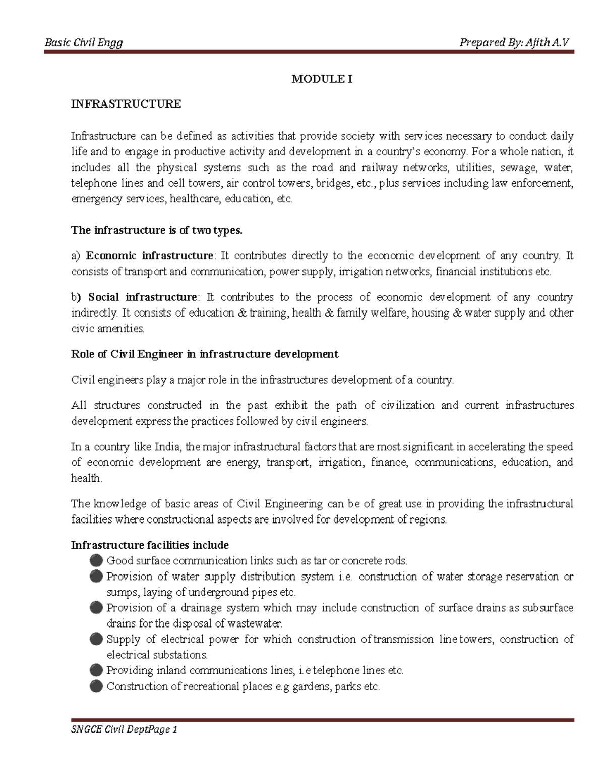 BCE Notes - MODULE I INFRASTRUCTURE Infrastructure can be defined as ...