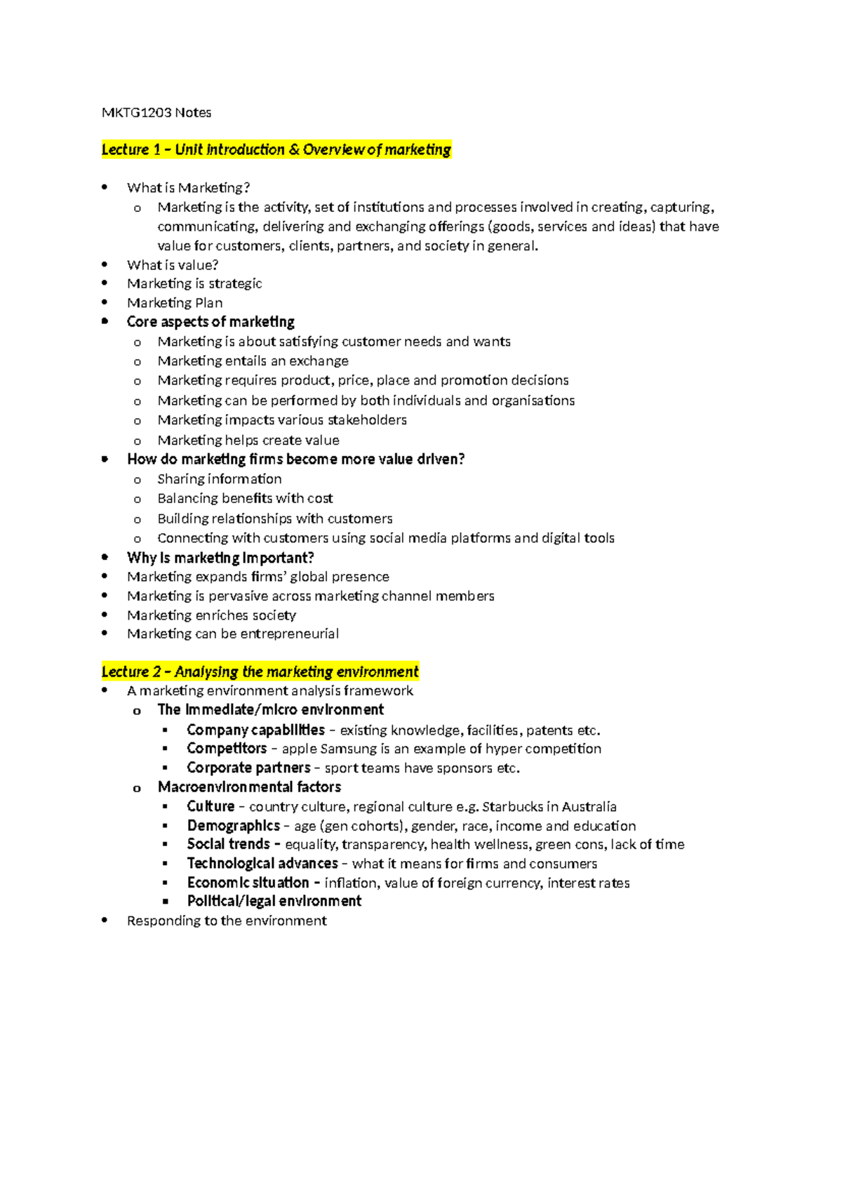 Mktg Lecture Notes Mktg1203 Notes Lecture 1 Unit Introduction And Overview Of Marketing What