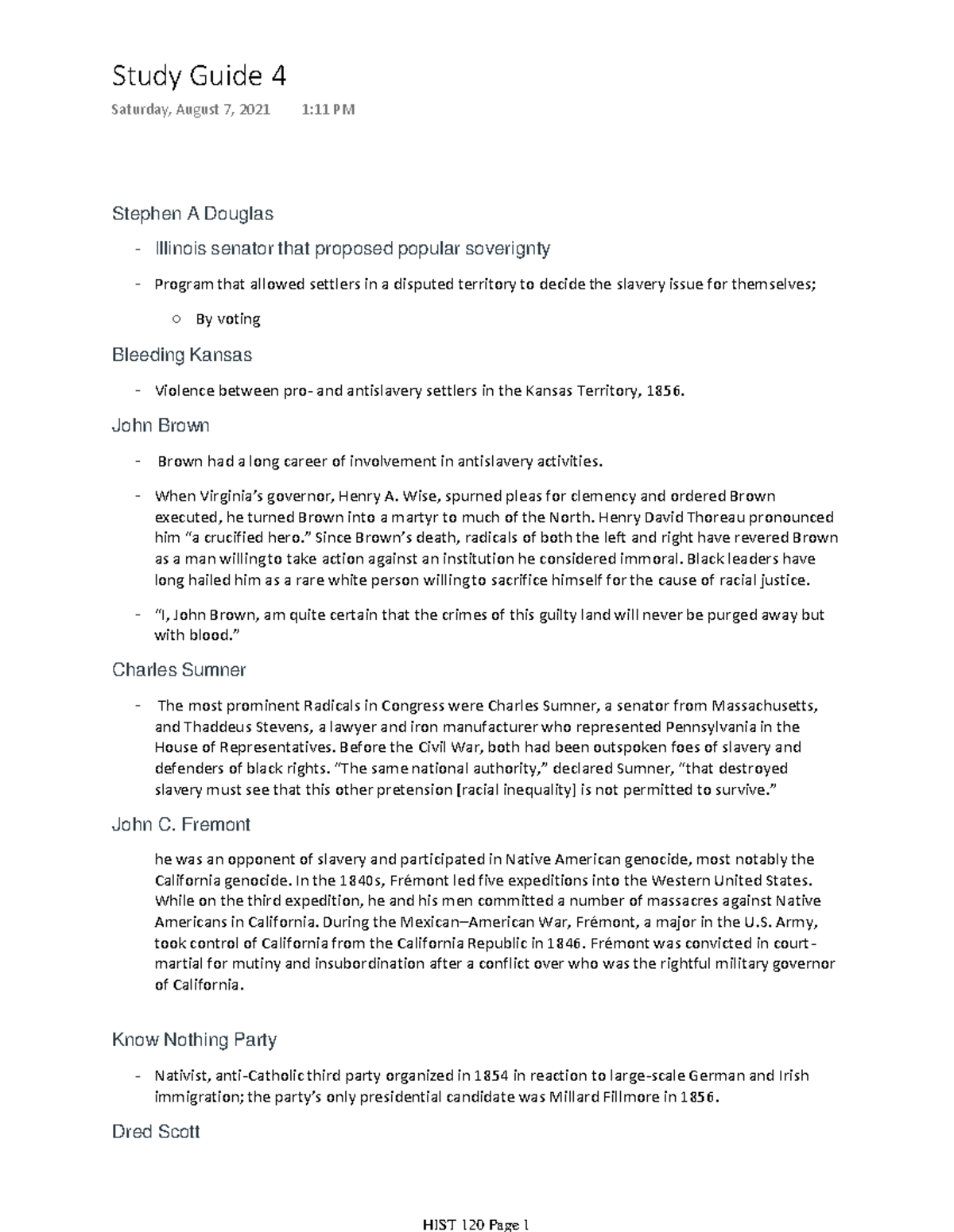 Study Guide 4 - Assignment - Stephen A Douglas Illinois senator that ...