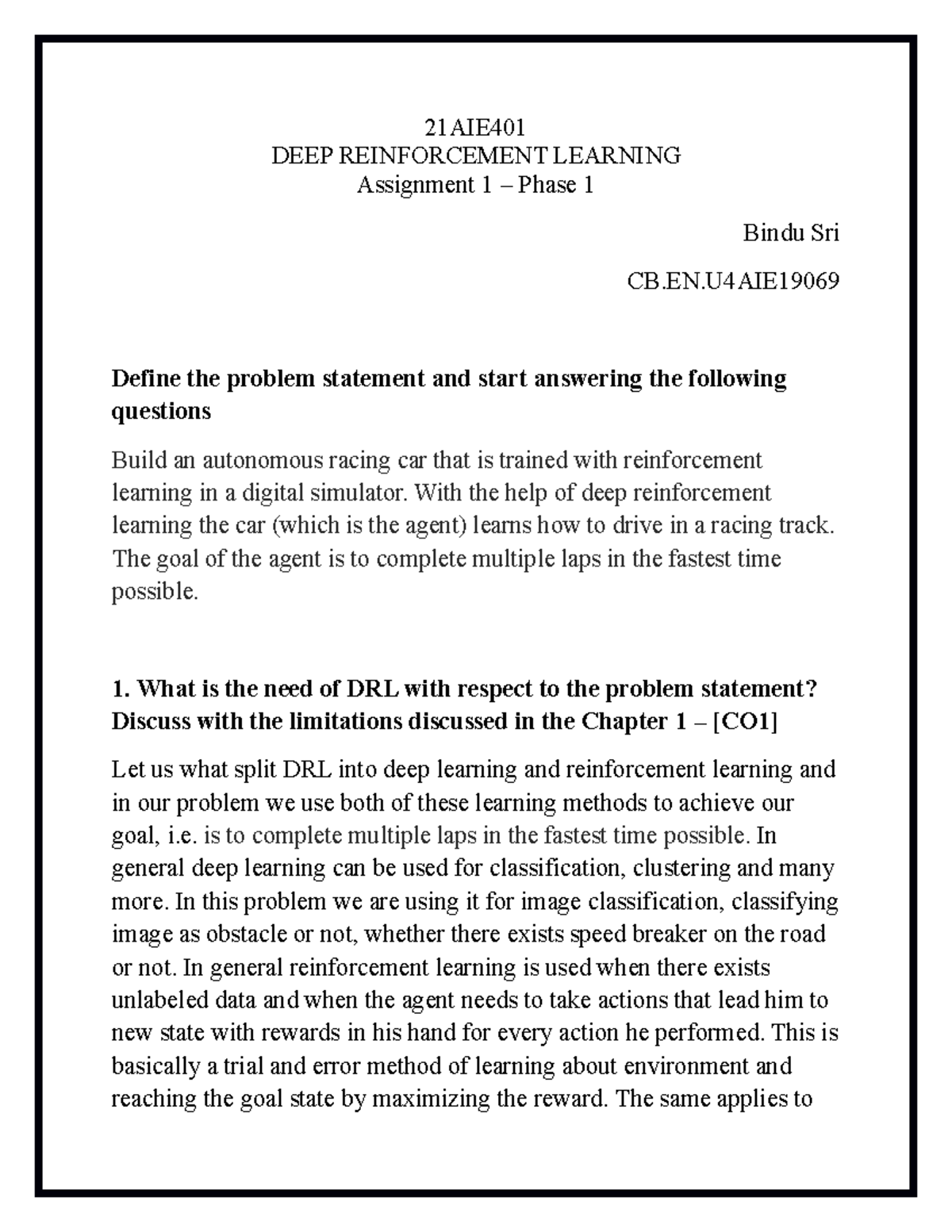 Bindu SRI Vuyyuru DRL assignment 1 19069 - 21AIE DEEP REINFORCEMENT LEARNING Assignment 1 ...