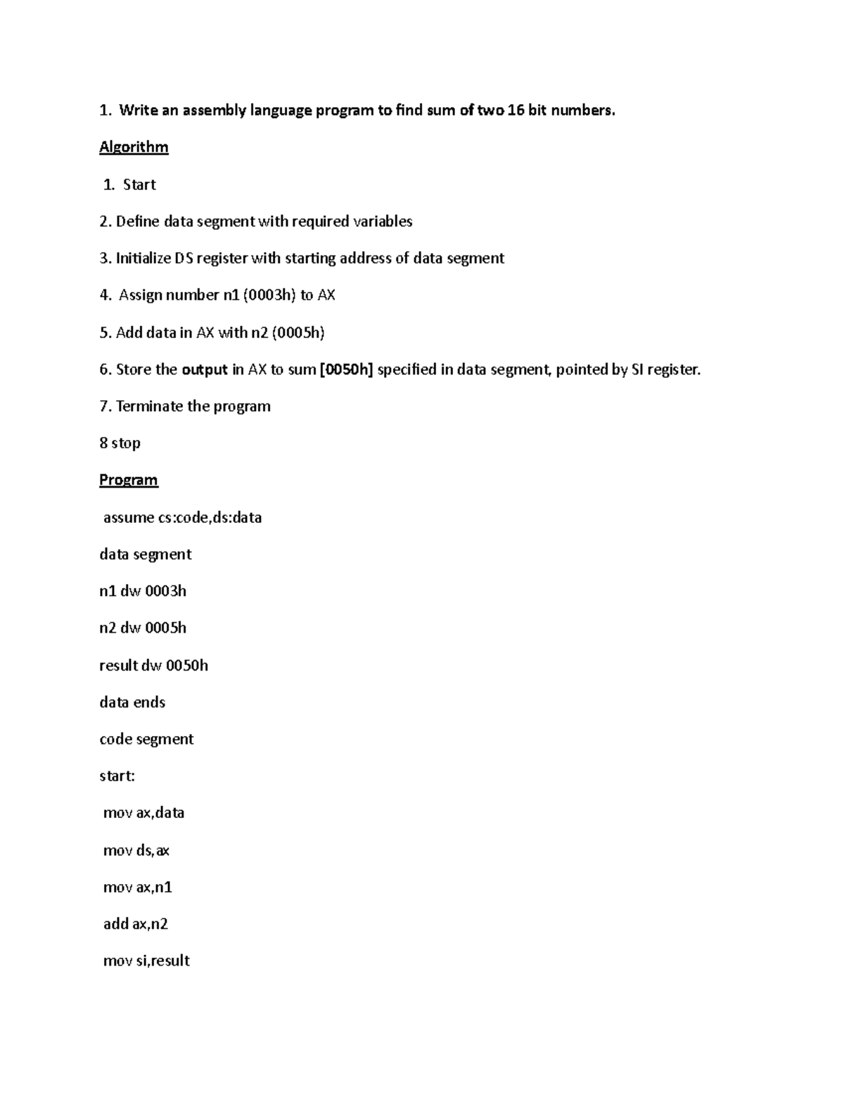 MP pgms - MP programs - Write an assembly language program to find sum of two 16 bit numbers ...